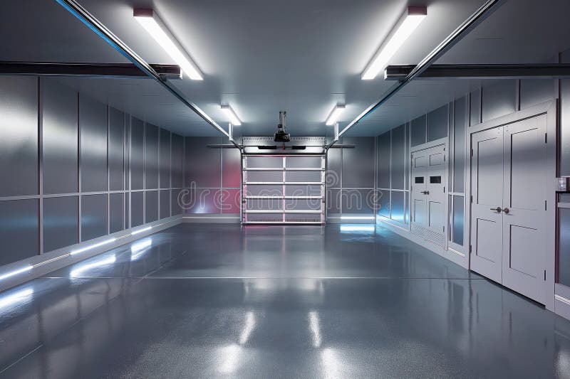 Metallic Floor Garage Interior with Organized Storage Space. Empty Room ...