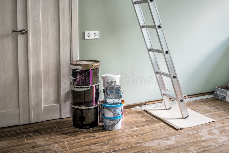 Metallic Folding Ladder and Painting Tools in Corridor, Home Renovation ...