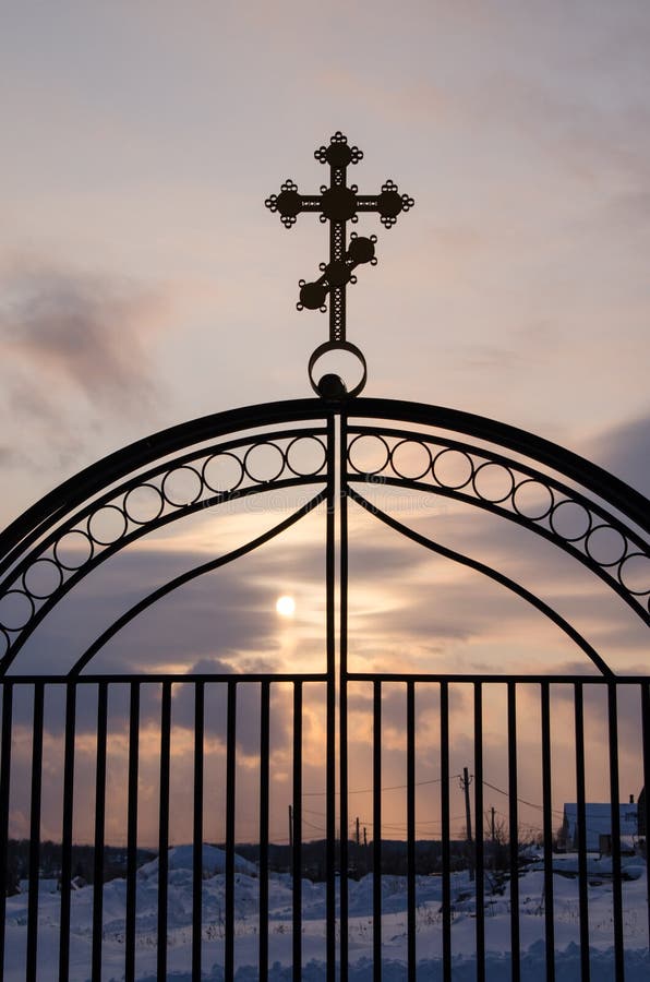 Metallic Gate with Christian Cross, Sunset Sky Stock Image - Image of ...