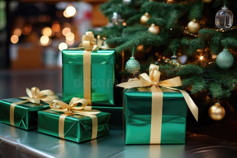 Metallic Gift Boxes Under a Green Christmas Tree Stock Image - Image of ...
