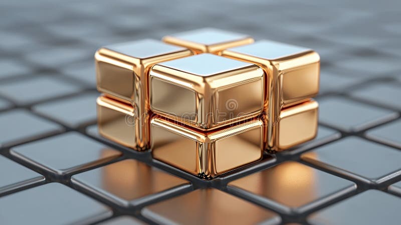 Metallic Gold Cubes on Dark Gray Grid Background Stock Illustration ...