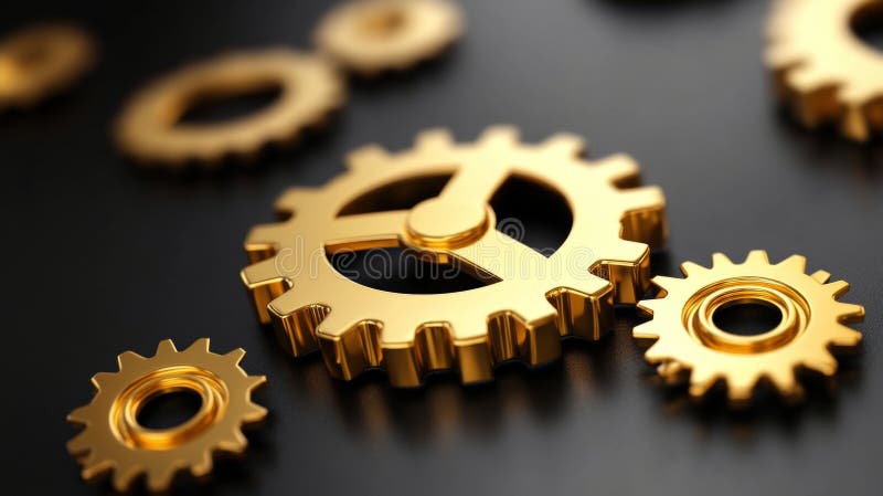 Metallic Gold Gears Interlocking on a Black Background, Concept of ...
