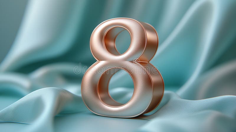 Metallic Number 8 in Gold with a Smooth Texture on a Flowing Turquoise ...