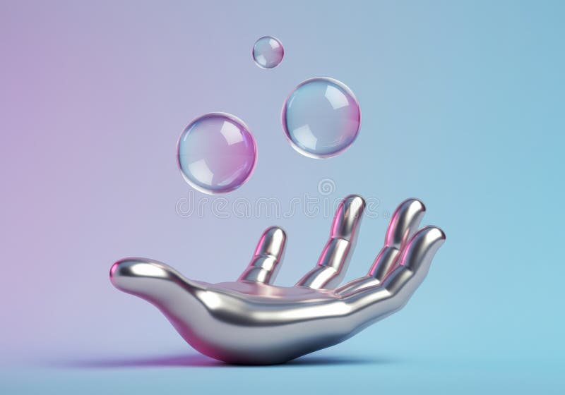 Metallic Hand Holding Floating Bubbles Against a Gradient Background ...