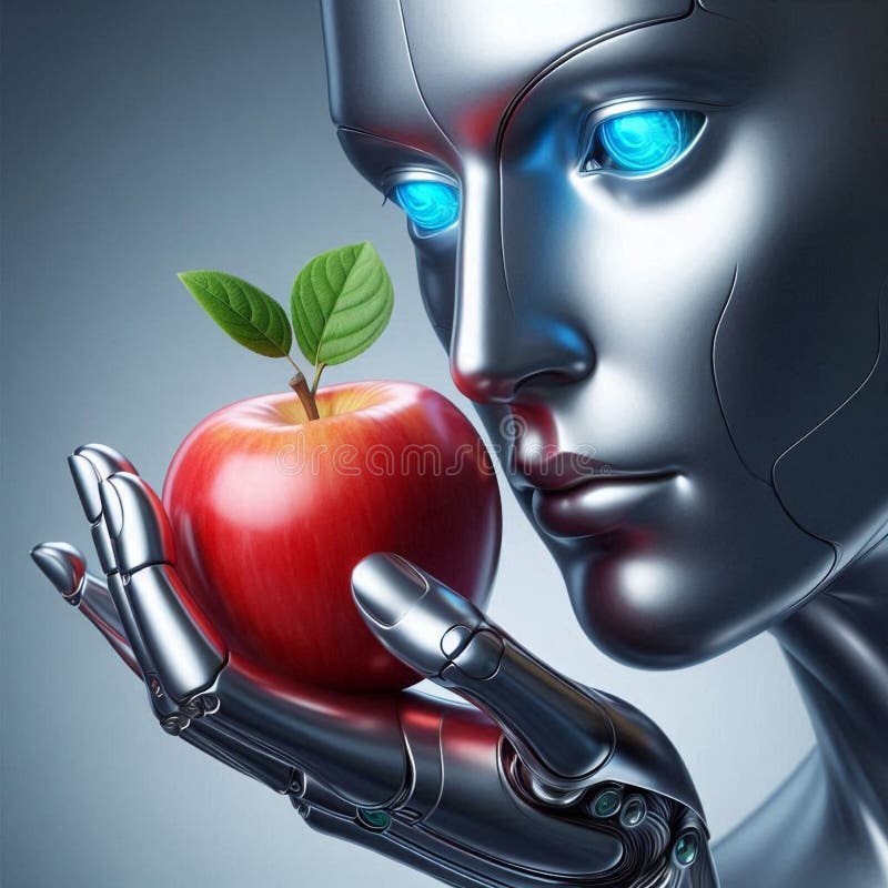 Metallic Humanoid with Blue Eyes Holding and Looking on a Bright Red ...