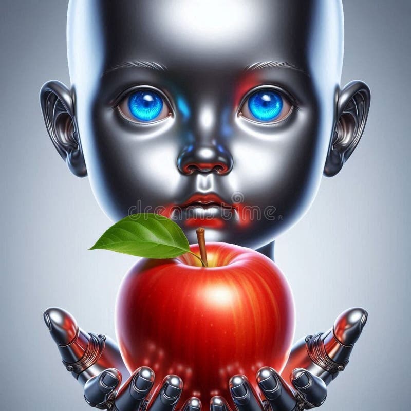 Metallic Humanoid with Blue Eyes Holding and Looking on a Bright Red ...