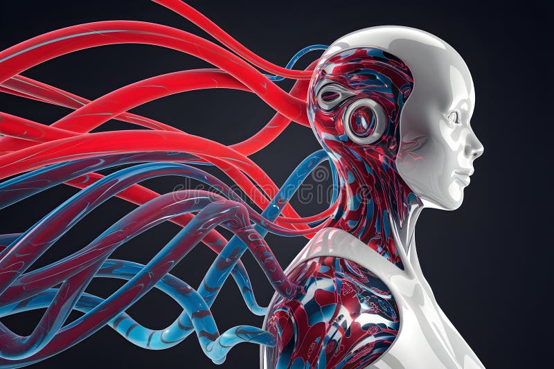 Metallic Humanoid Figure with Red and Blue Wavy Patterns on Dark ...