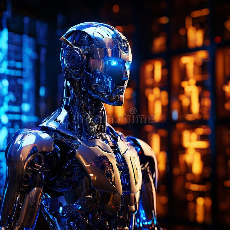 Metallic Humanoid Robot with Blue Eyes in a Sci-Fi Scene Stock Photo ...