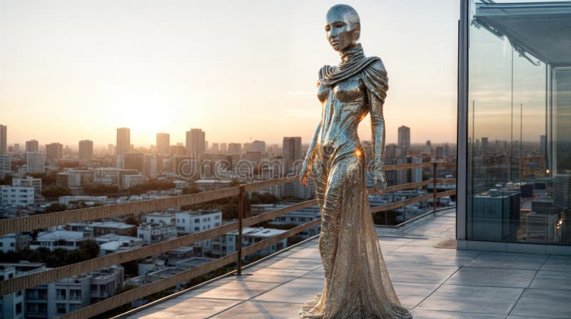 Metallic Humanoid Robot on Rooftop with City Skyline at Sunset Stock ...