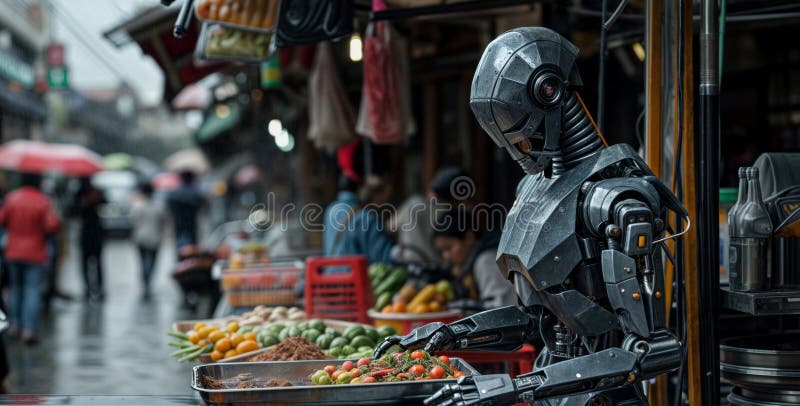 Metallic Humanoid Robot Selling Food into a Street Marketplace with ... Metallic Humanoid Robot Selling Food into a Street Marketplace with ...
