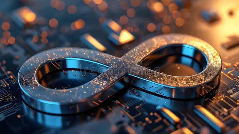 Metallic Infinity Symbol on Circuit Board in Blue and Gold Light ...