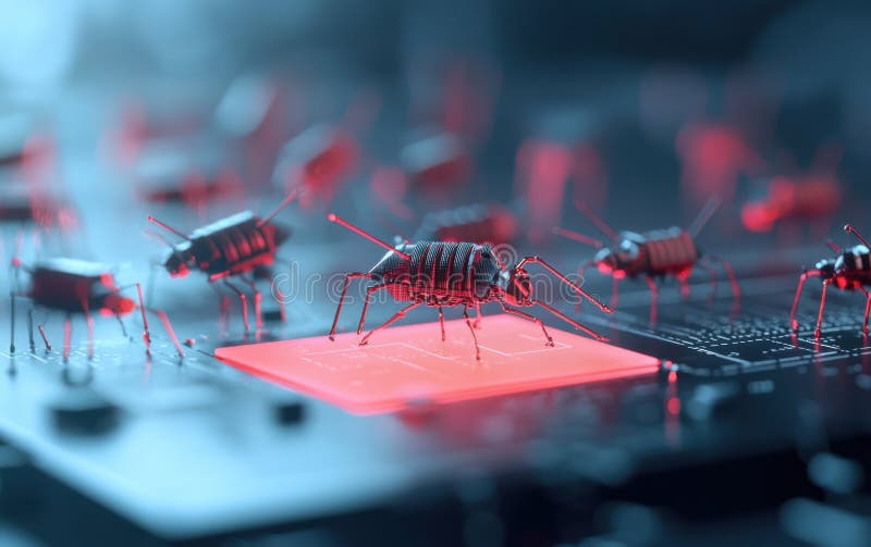 Metallic Insects on Glowing Red Circuit Board Stock Illustration ...