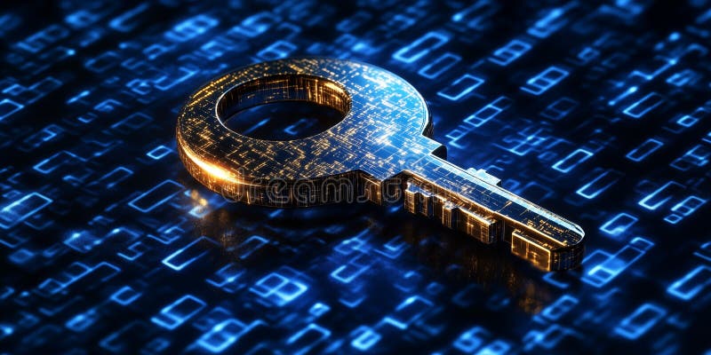 Metallic Key on Background of Glowing Blue Binary Code. Use for ...