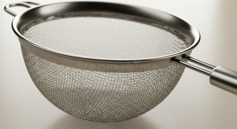 A Metallic Kitchen Strainer with a Fine Mesh Netting, Featuring a ...
