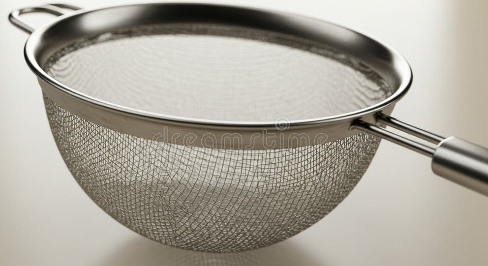 A Metallic Kitchen Strainer with a Fine Mesh Netting, Featuring a ...