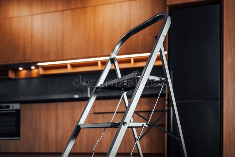 Metallic Ladders in Modern Kitchen Interior Stock Image - Image of ...
