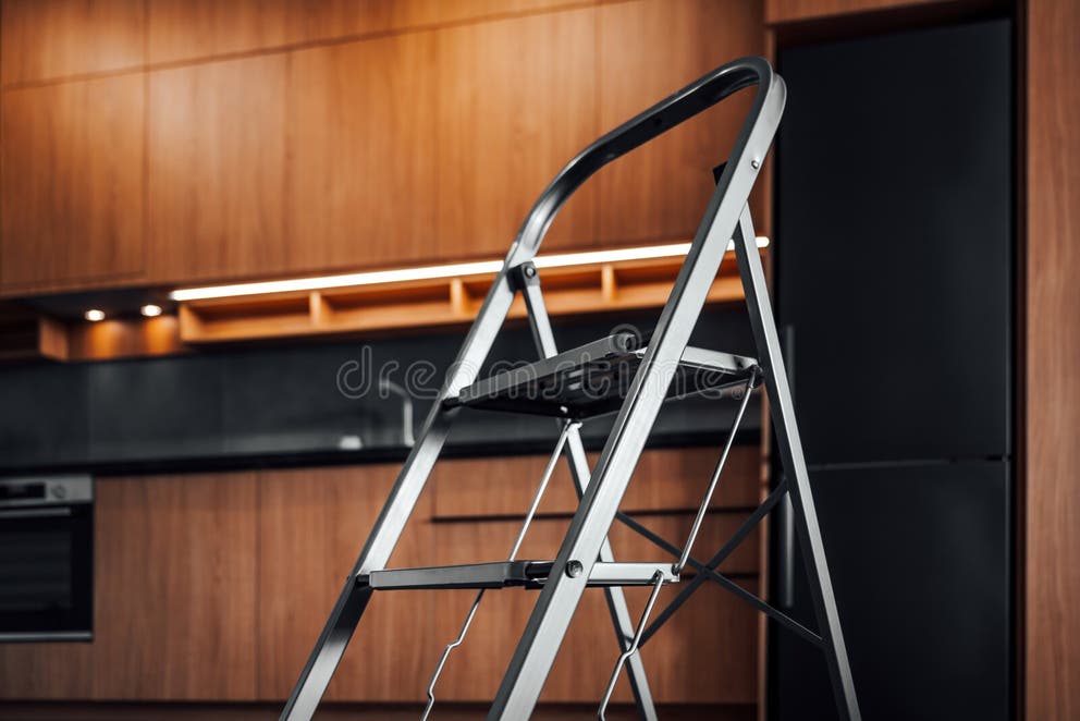 Metallic Ladders in Modern Kitchen Interior Stock Image - Image of ...