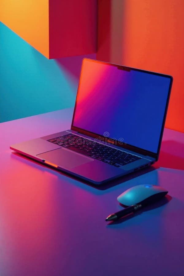 Metallic Laptop on Bold Geometric Shapes Sharp Angles, Vivid Hues ...