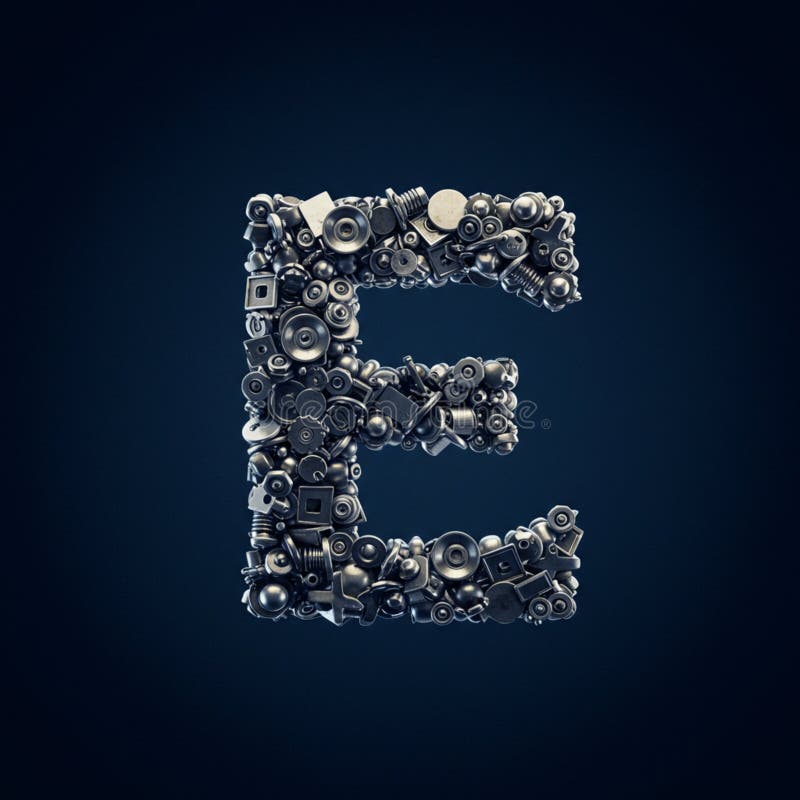 Metallic Letter "E" Composed of Various Mechanical Gears and Components ...