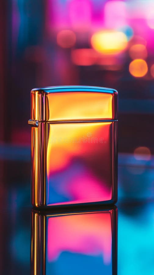 Metallic Lighter with Colorful Reflections in a Blurred Neon Background ...