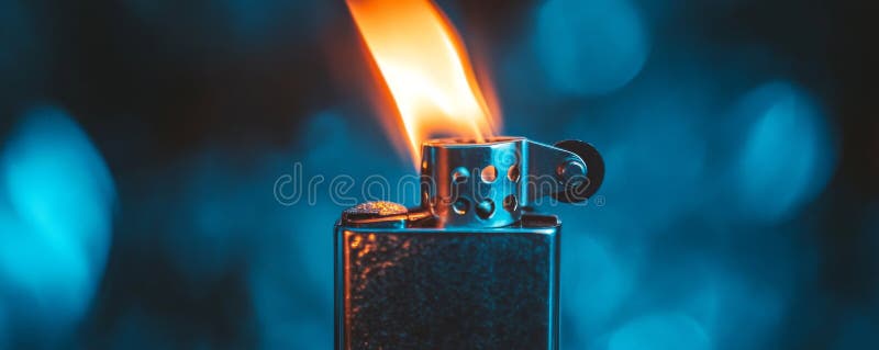 Metallic Lighter with Flame in Blue Bokeh Background, Close-up ...