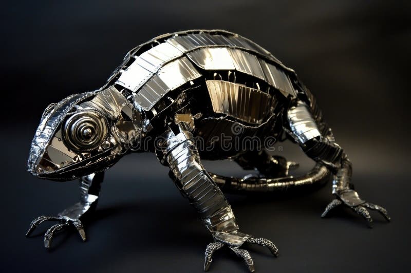 Metallic Lizard Sculpture with Intricate Detailing on Dark Background ...