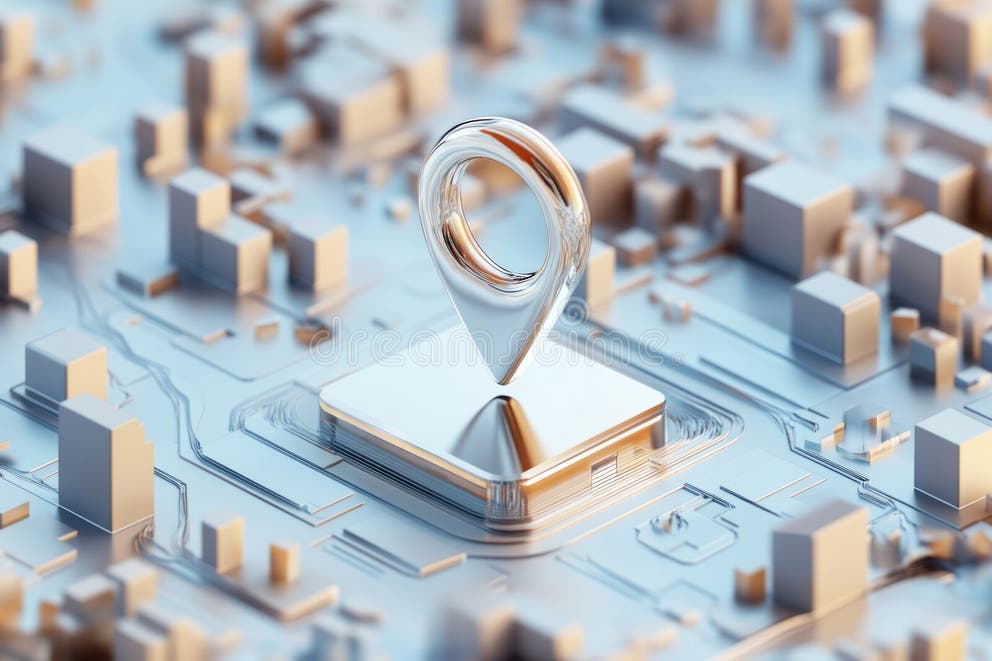 Metallic Location Pin on Map with Minimalist Cube Structures Stock ...