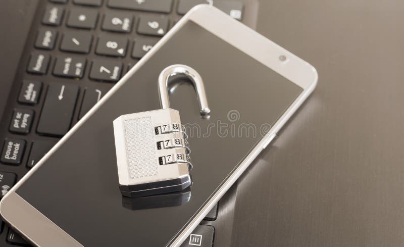 Metallic Lock on Keyboard and Phone Open Case, Password Security ...