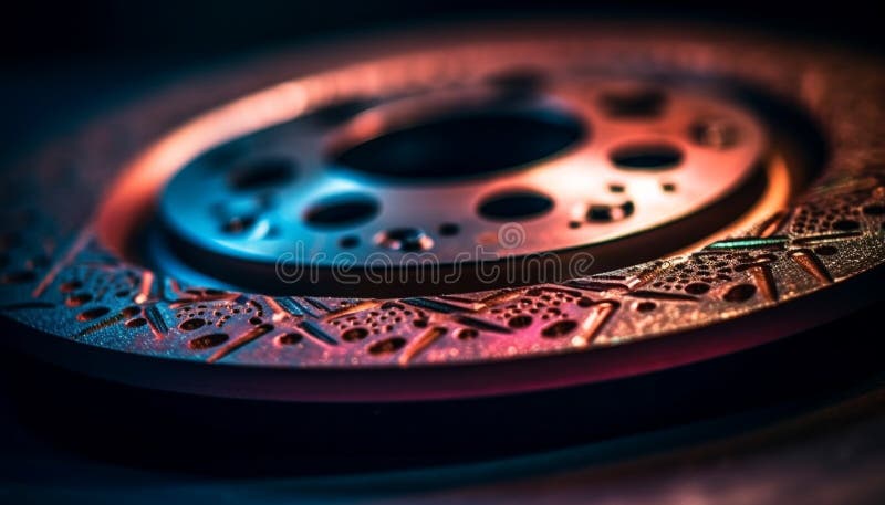 Metallic Machinery Part Reflects Blue Pattern on Shiny Steel Disk ...