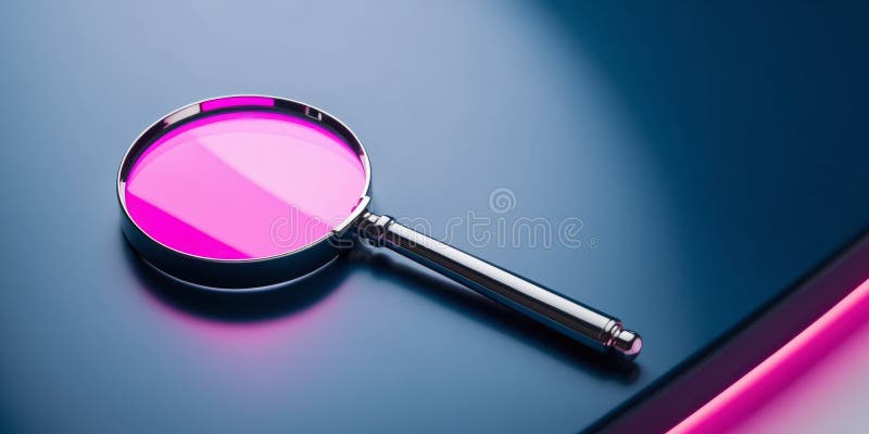 A Metallic Magnifying Glass with Neon Pink Lighting on a Blue Surface ...