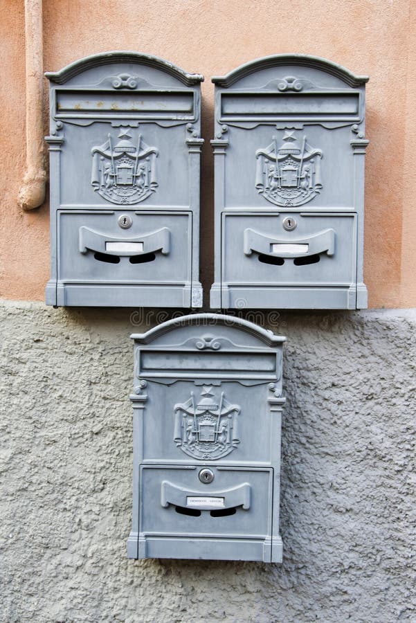 Metallic Mailboxes in Gray Placed on the House Wall Stock Photo - Image ...