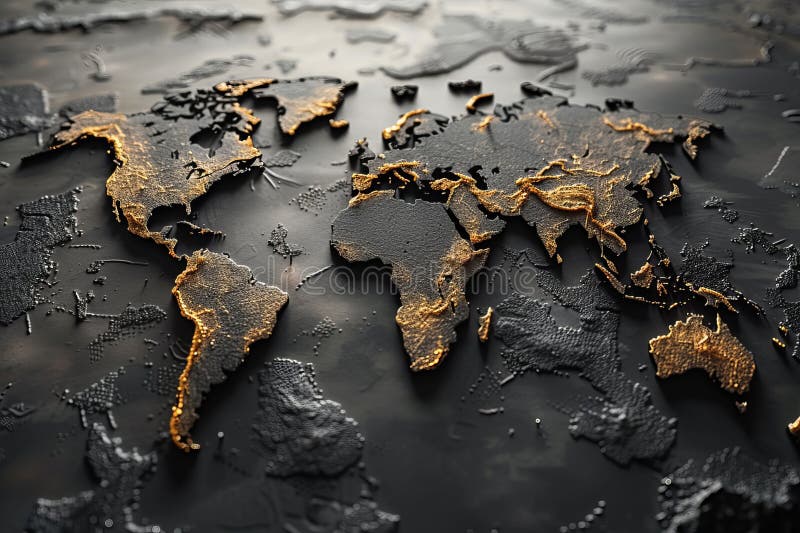 A Metallic Map of the World in Black and Gold on a Dark Surface Stock ...