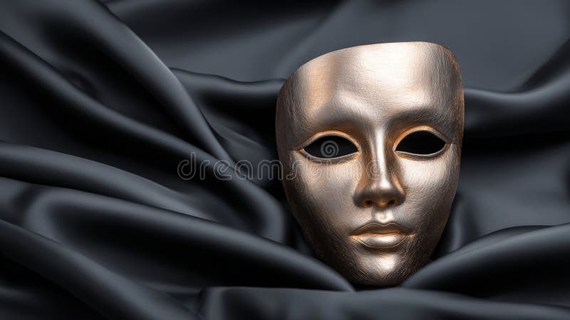 A Metallic Mask Rests on Smooth, Dark Fabric, Creating a Dramatic and ...