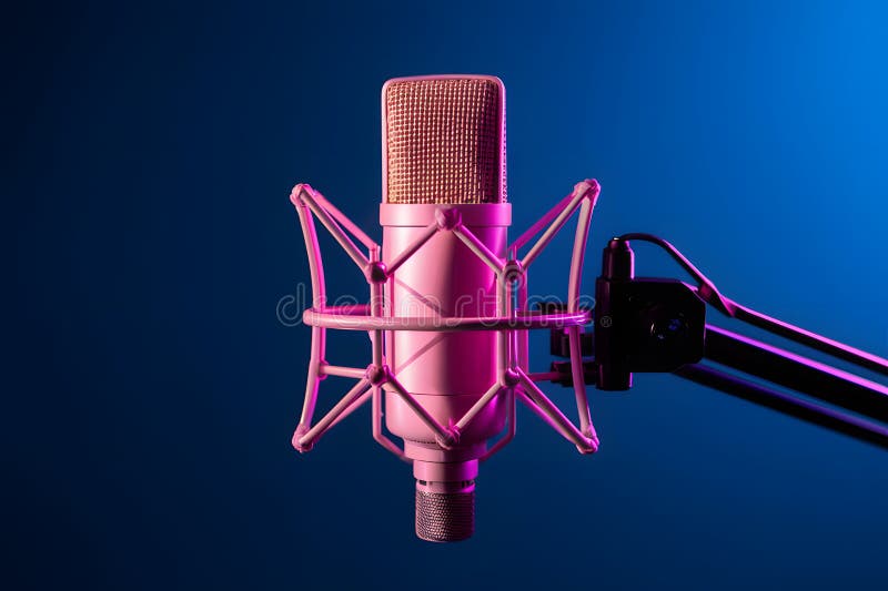 Metallic Microphone in Pink and Blue Hues, Modern Studio Setup ...