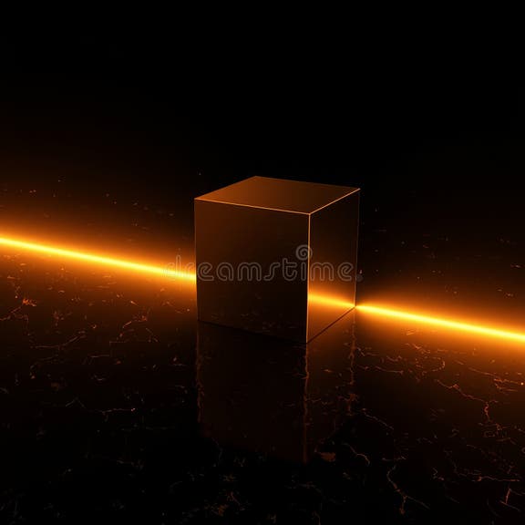 A Metallic Mirrored Golden Cube Standing on a Dark Surface. the Cube is ...