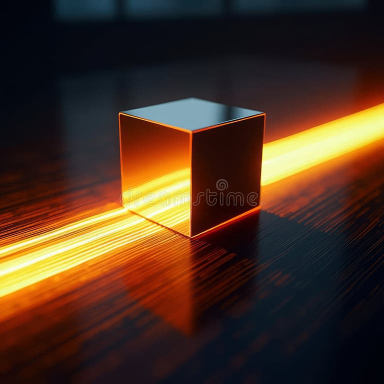 A Metallic Mirrored Golden Cube Standing on a Dark Surface. the Cube is ...