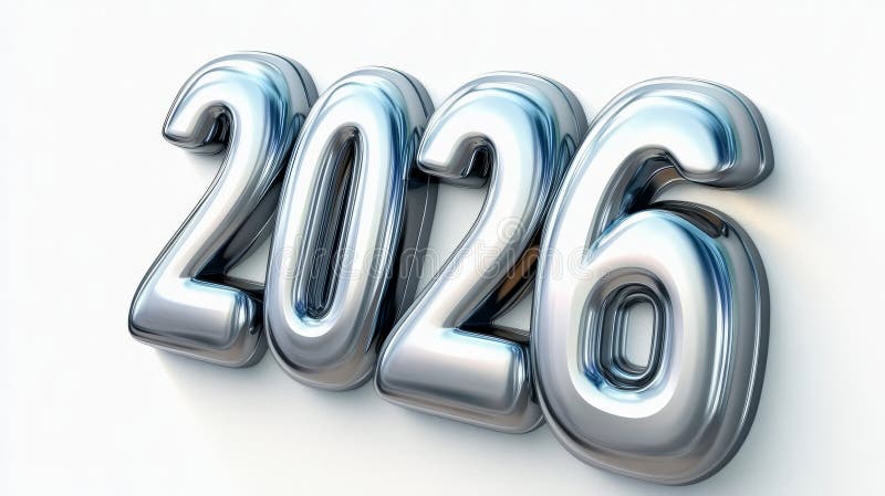 Metallic Number 2026 on a White Background High-Resolution 3D Rendering ...