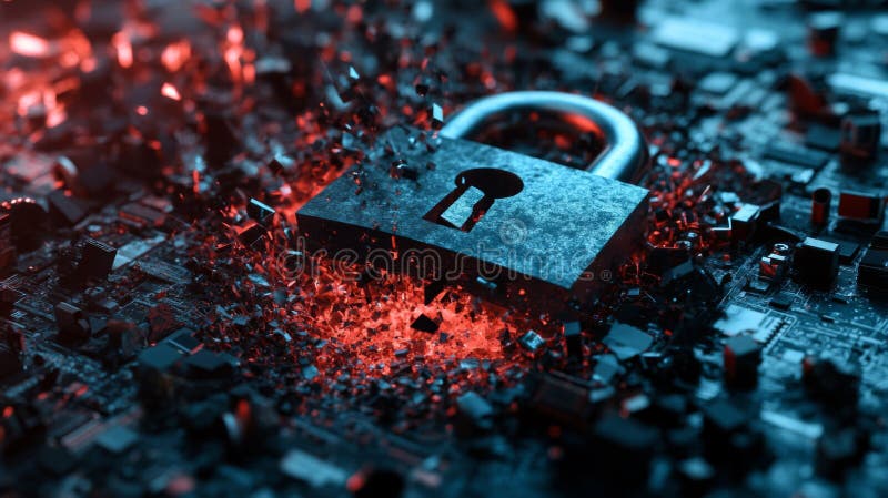 Metallic Padlock on Exploding Circuit Board Stock Illustration ...