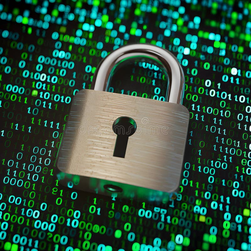 Metallic Padlock Rests on Digital Matrix with Green Binary Security ...