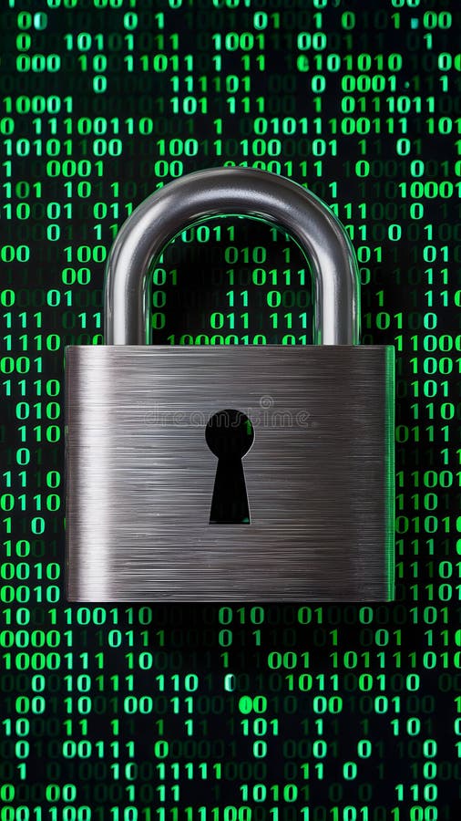 Metallic Padlock Rests on Digital Matrix with Green Binary Security Theme Stock Illustration ...
