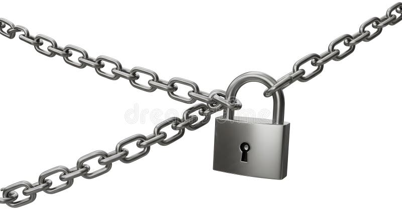 Metallic Padlock Secured by Two Sturdy Chains Against a White Backdrop ...