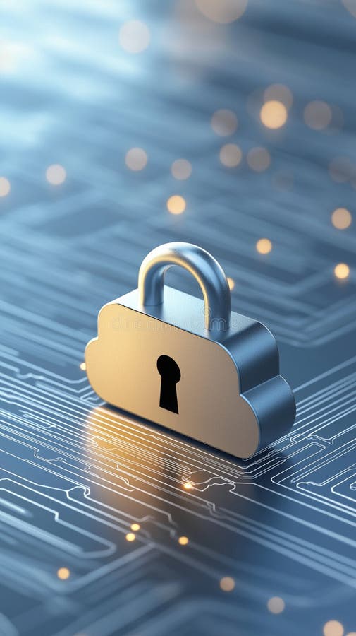 Metallic Padlock Symbolizing Data Protection Resting on a Cloud Shaped Platform Atop a Circuit ...