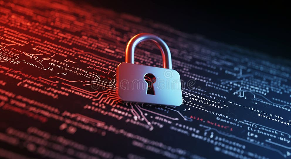 A Metallic Padlock Sits Atop a Surface Covered with Digital Code. the ...