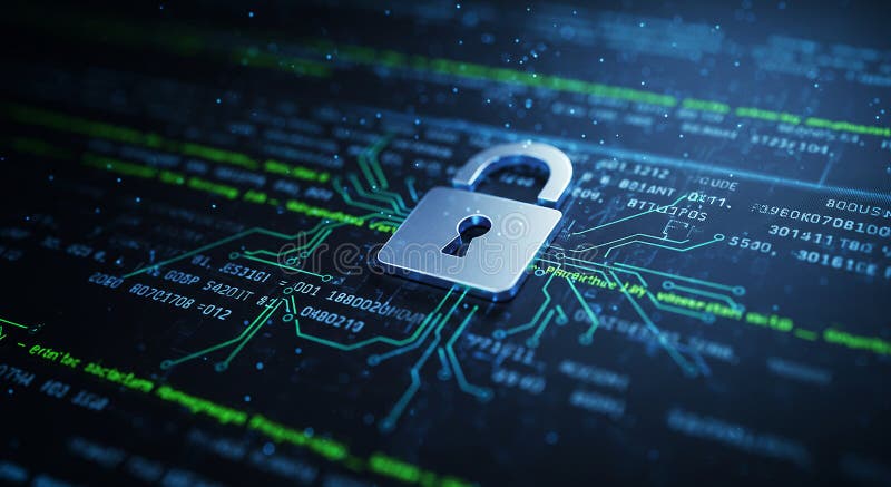 A Metallic Padlock Symbolizes Cybersecurity, Prominently Displayed Over a Digital Stock ...