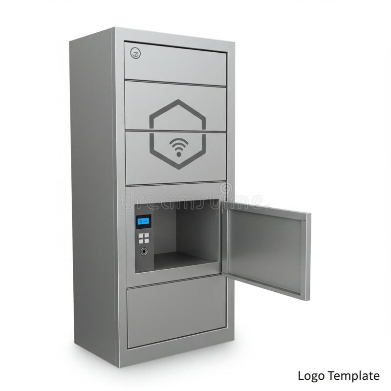 A Metallic Parcel Locker Featuring Multiple Compartments and a Digital ...
