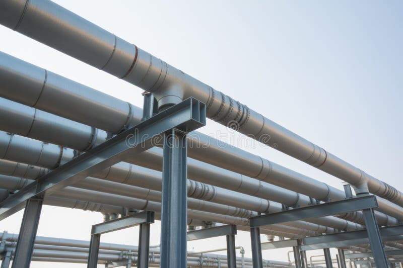 Industrial Piping System with Metallic Pipes and Blue Sky in the Background Showcasing ...