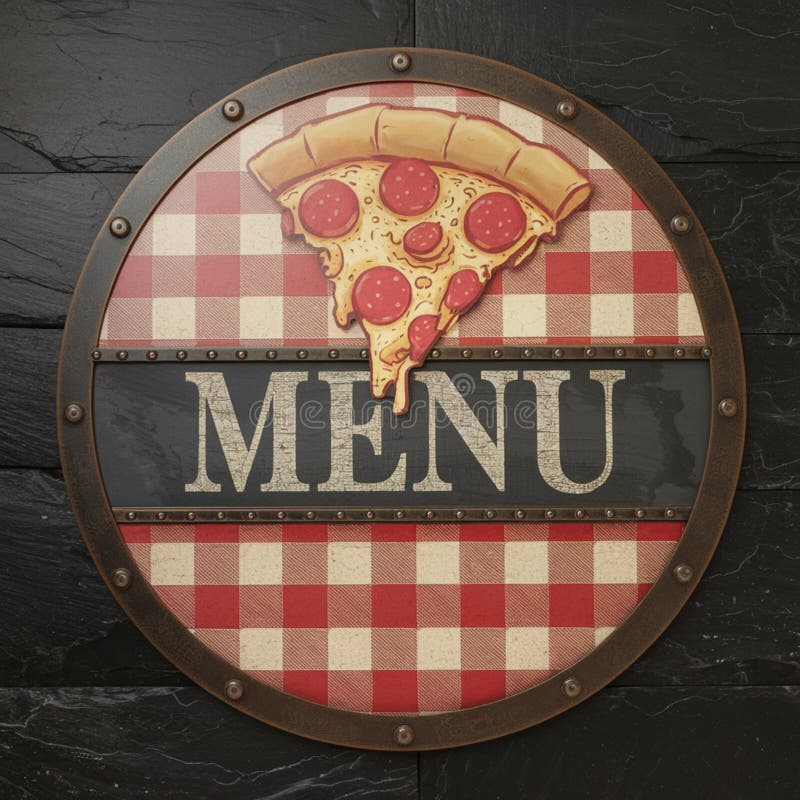 Metallic Pizza Menu Board, Rustic Charm with Red Checkered Background ...