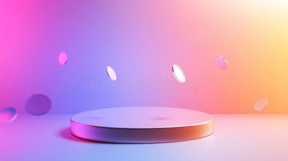 Metallic Podium with Floating Discs Against a Gradient Background Stock ...