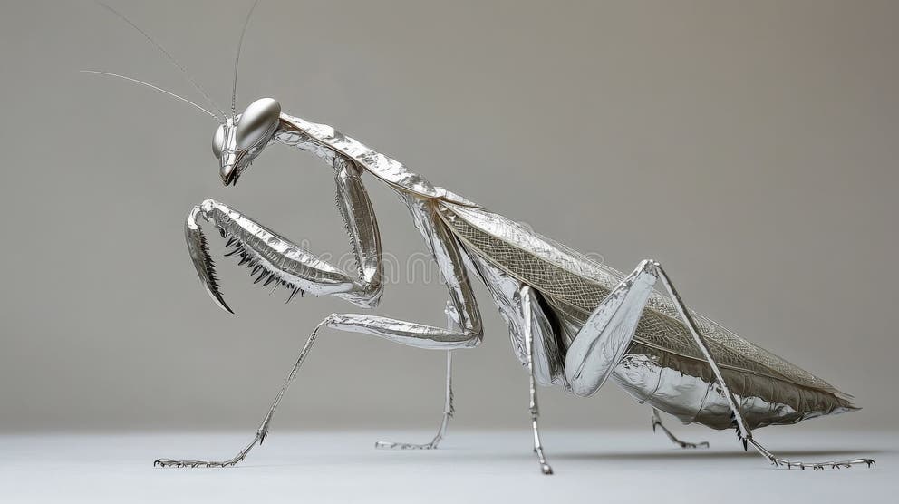 Metallic Praying Mantis Posing on a Reflective Surface Stock Photo ...