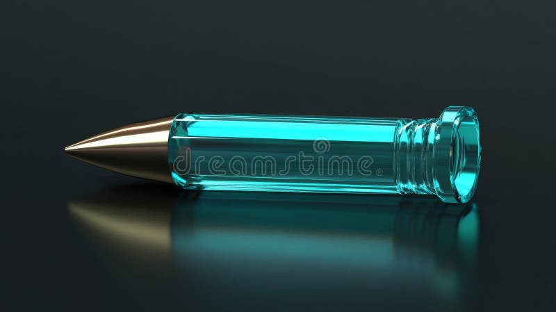 A Metallic Projectile Sits on a Reflective Surface, Showing Teal Hues ...